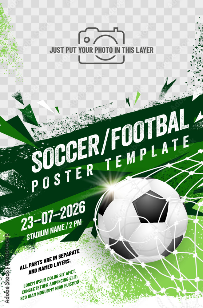Soccer or football tournament poster template with ball in net Stock ...