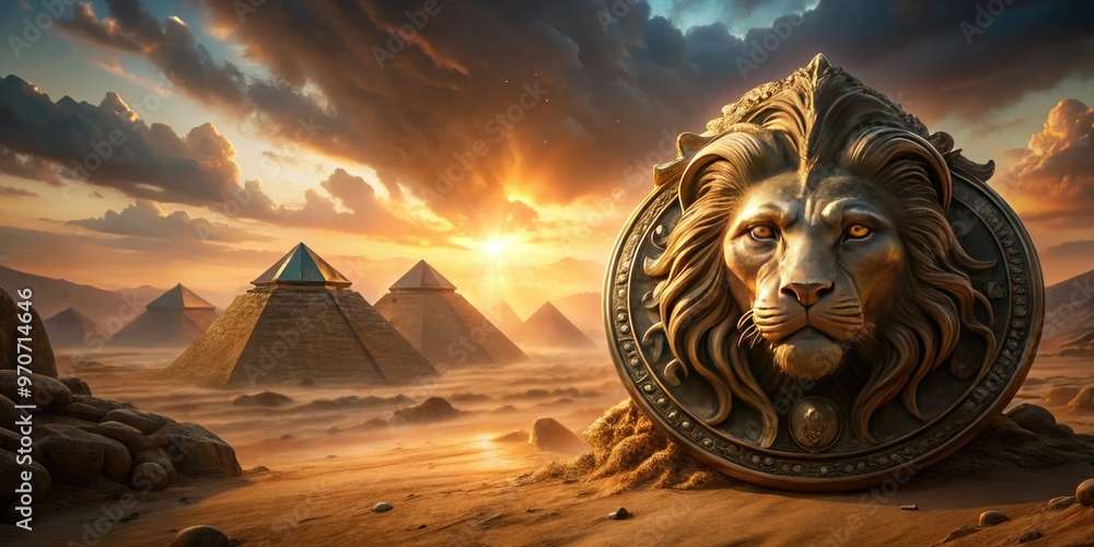 ancient bronze lion badge crest mystical pyramid desert sunset ...