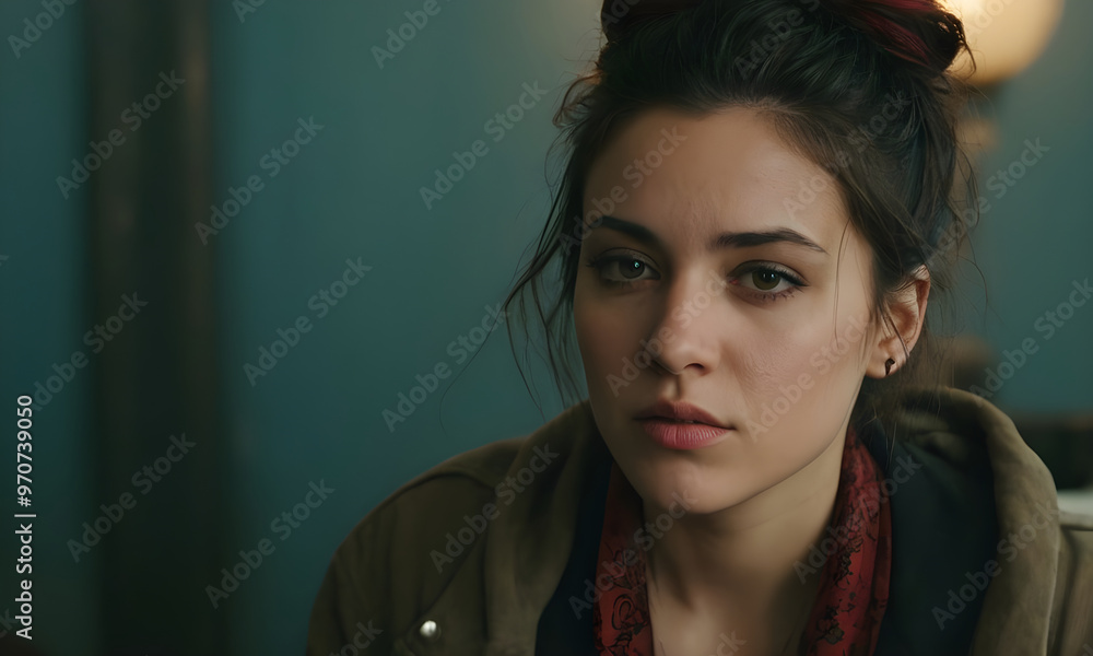 Young woman making eye contact with serious expression の Stock フォト ...