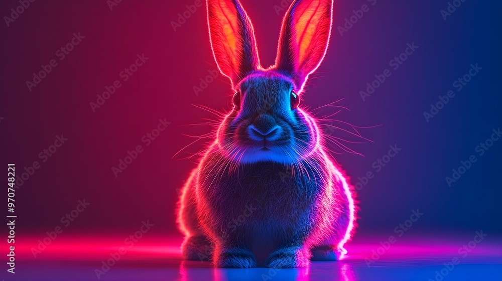 Stunningly realistic hare image illuminated by neon lights with ...