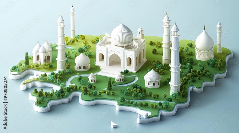 Pakistan day. Monuments of Pakistan isolated on Pakistan map. 14 August ...