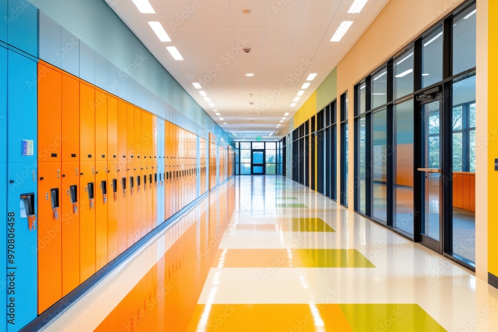Bright and colorful school hallway with lockers and large windows ...
