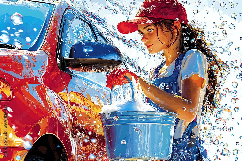 Bright cartoon illustration of a girl washing a car at the car wash ...