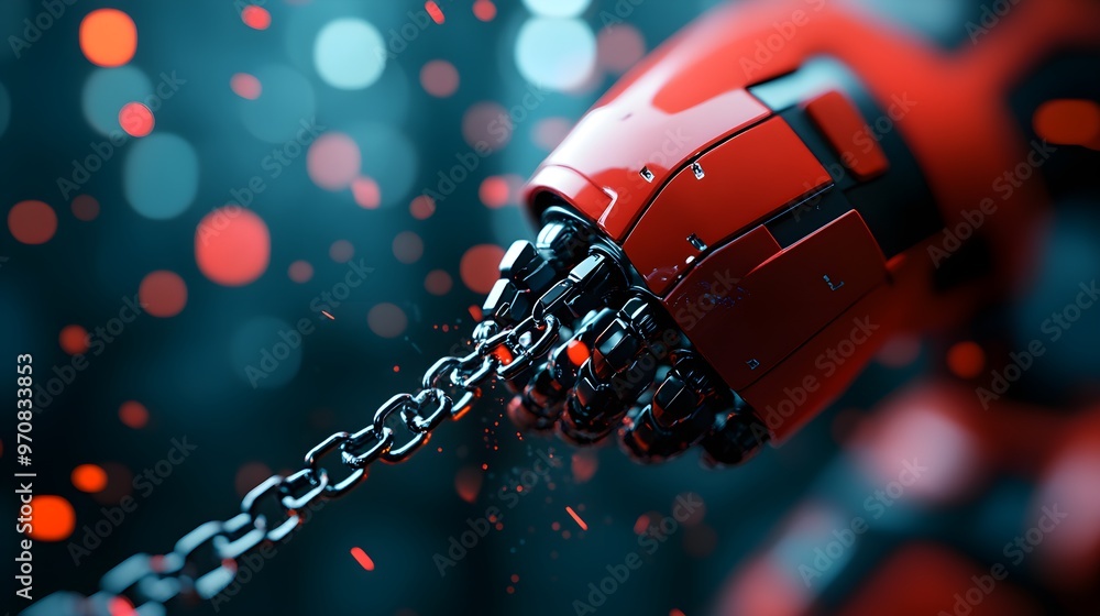 A futuristic robot, its chains breaking into fine legal dust ...