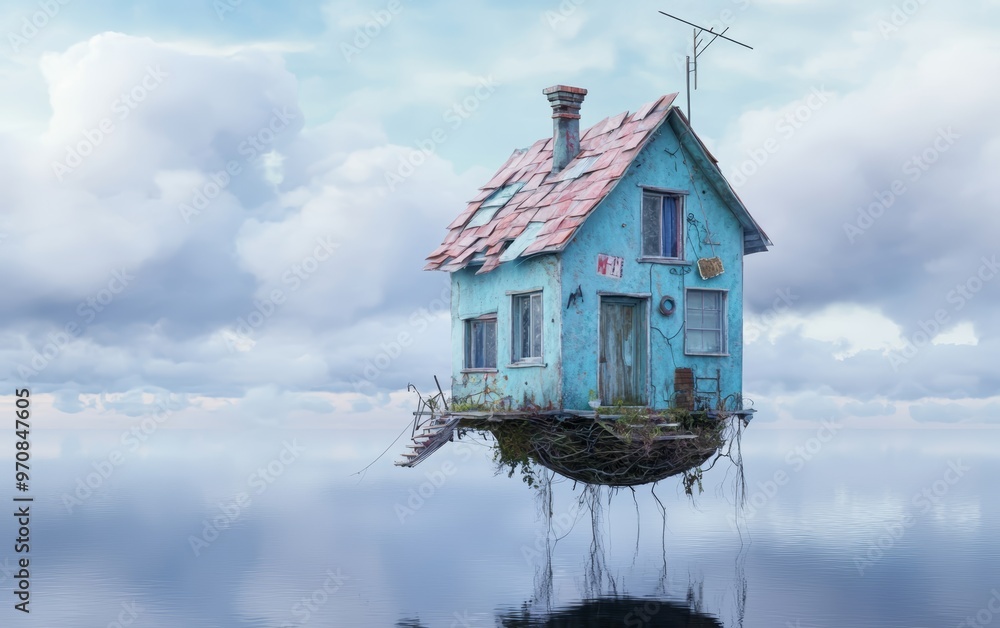 How does the floating house image evoke a sense of nostalgia, making ...