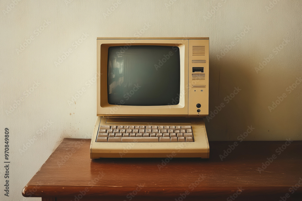 Retro desktop computer from 1980s with CRT monitor and keyboard. Early ...