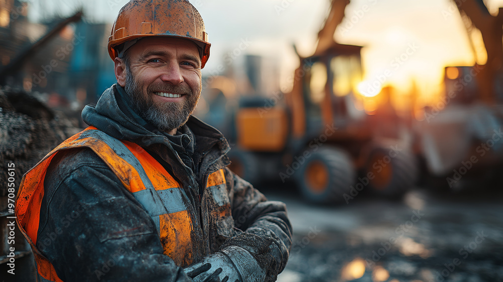 A smiling engineer wearing hard hat and safety gear stands confidently ...
