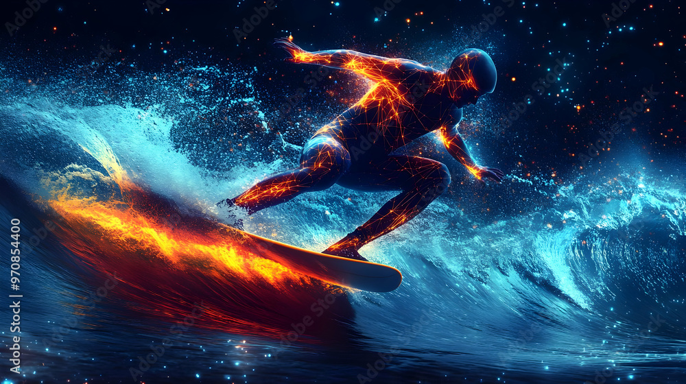 Surfing the Cosmic Wave: A Digital Art of a Surfer Riding a Glowing ...