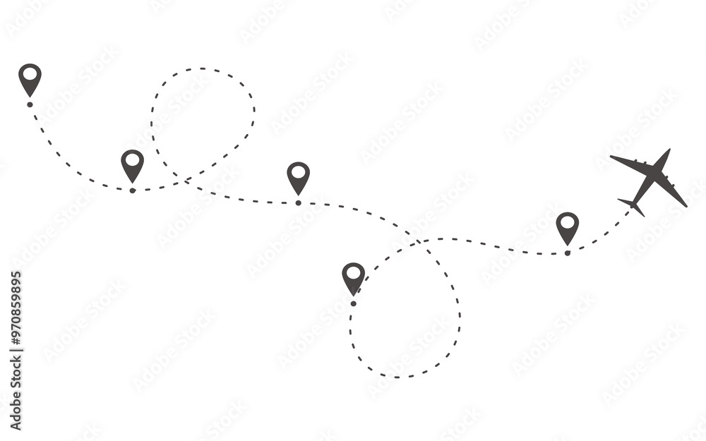Plane timeine trail dashed line with pin. Infographic destination work ...
