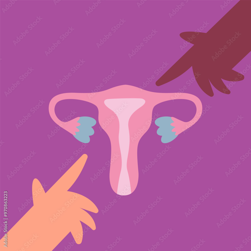 Healthy female reproductive system with different nationalities hands ...