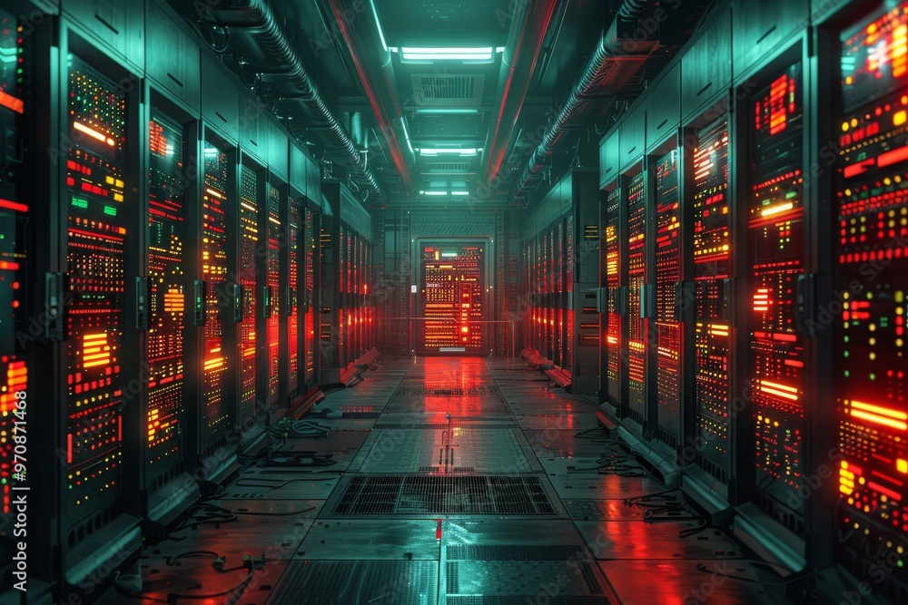 Ultra-sharp photo of a modern data technology center with sleek server ...