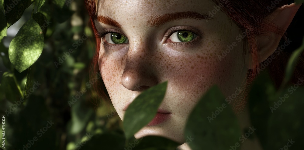 This beautiful fantasy woman looks into the camera from a green forest ...