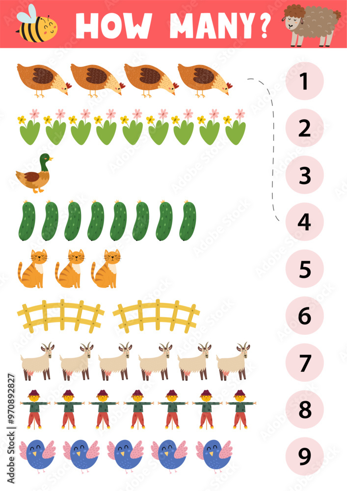 Count and match activity page for kids with cute farm animals and ...