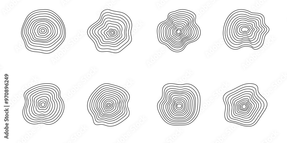 Doodle distorted circles set. Tree rings, wood age. Wavy curve. Vector ...