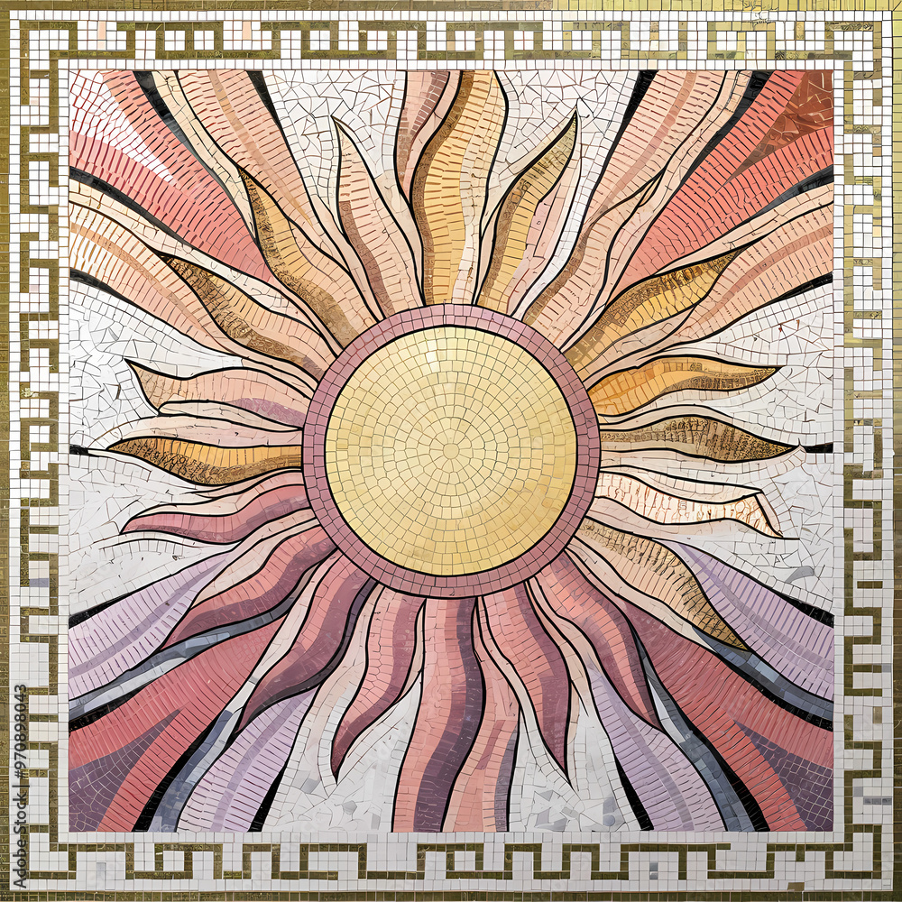 mosaic featuring a radiant sun motif in the center, pastel pink tones ...