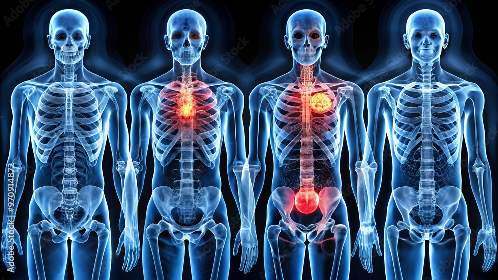 Skeletal radiographs showing multiple metastatic lesions in the axial ...
