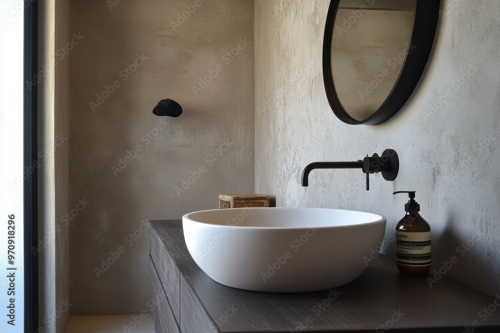 Pica sobre mueble en el baño moderno con las paredes de cemento ...