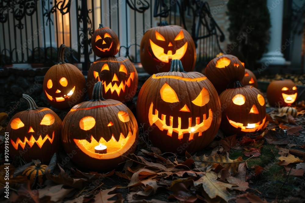 Calabazas de Halloween con caras recortadas y iluminadas. Miedo y ...