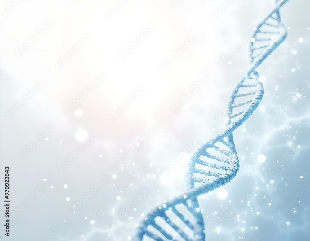 DNA helixes are surrounded by bright, ethereal energy waves, floating ...