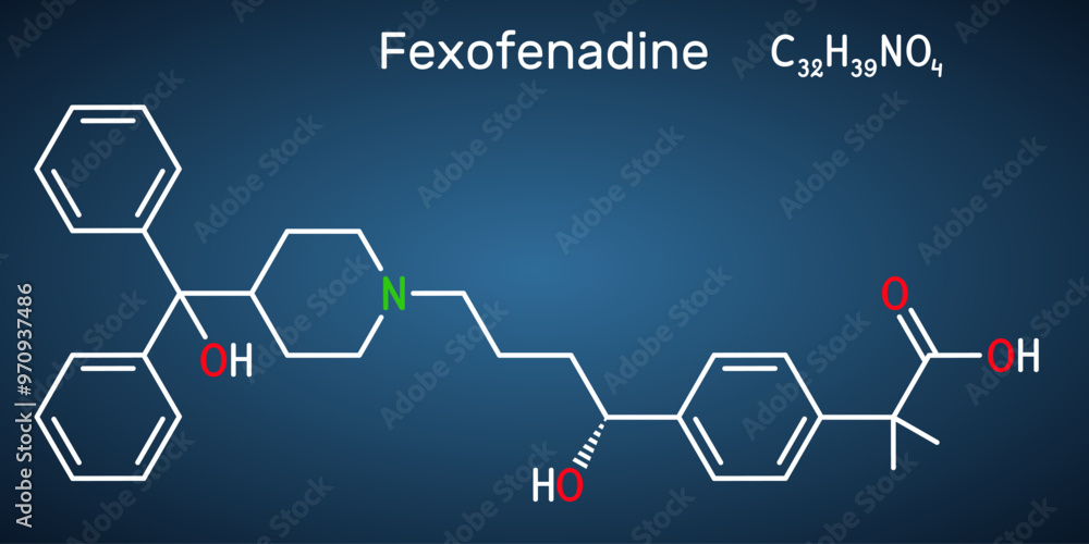 Fexofenadine molecule. It is symptomatic drug of seasonal allergic ...
