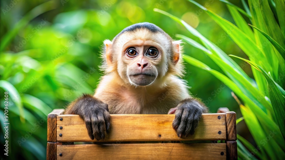 Adorable capuchin monkey grasping a worn, wooden crate with curious ...