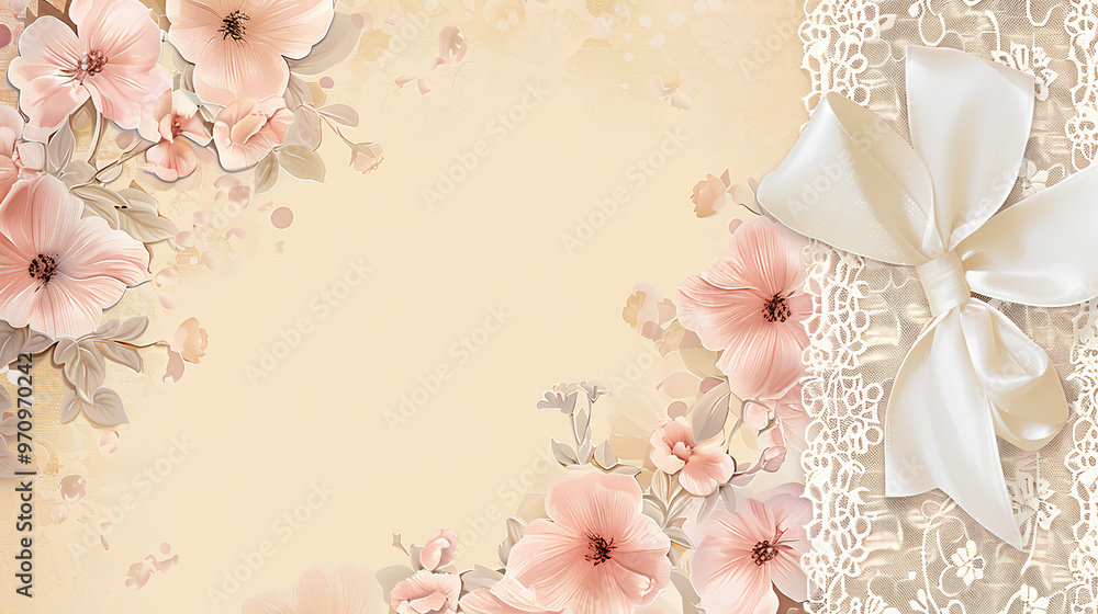 A white background with pink lace ribbon and heart-shaped lock on the ...