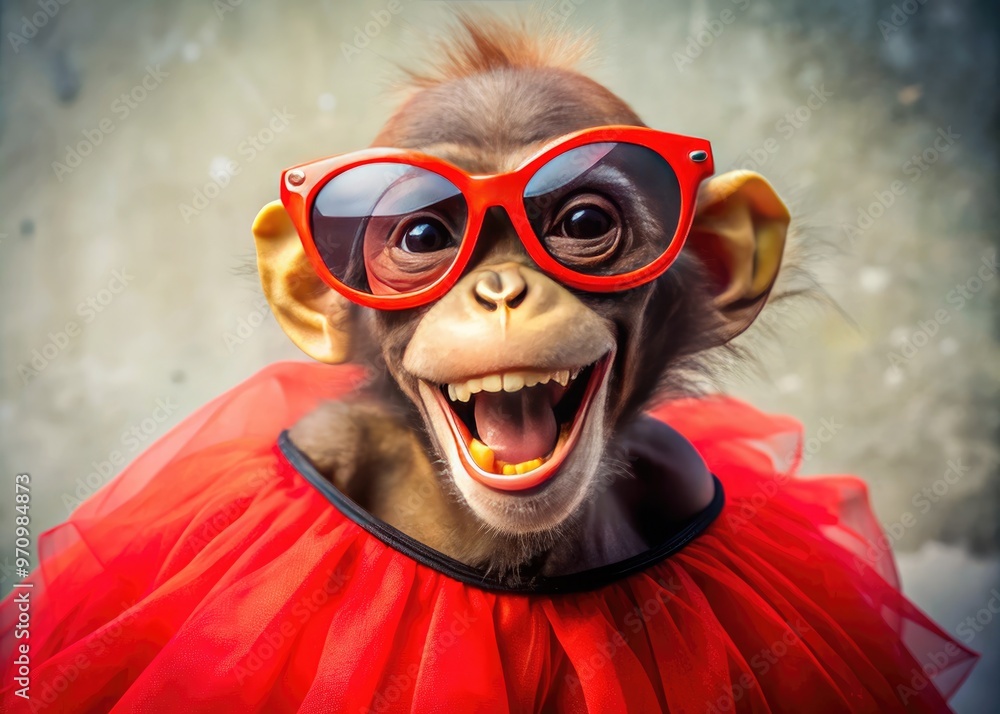 A mischievous monkey wearing a bright red tutu and oversized sunglasses ...