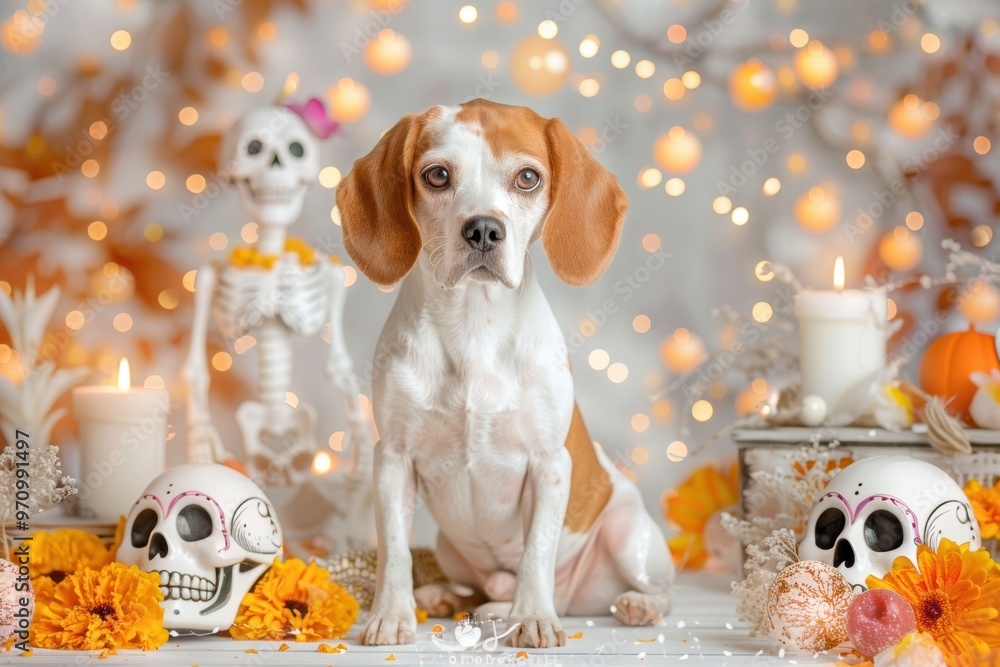 Cute Beagle dog with skeleton decor, surrounded by marigolds and ...