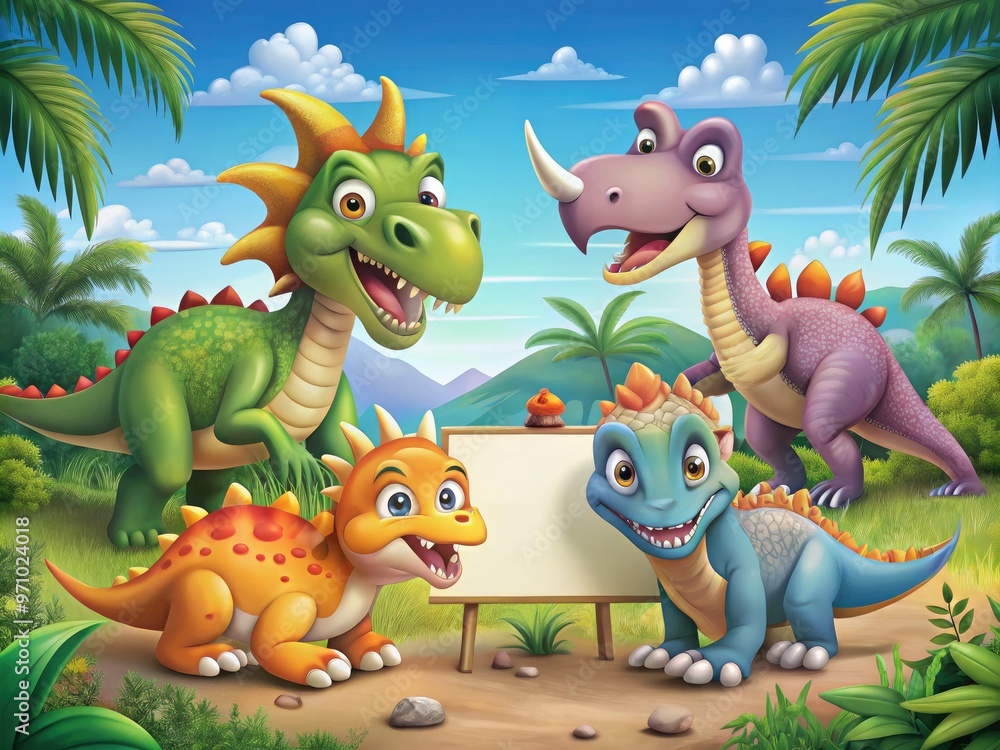 Colorful illustration of various smiling dinosaurs, including T-Rex ...
