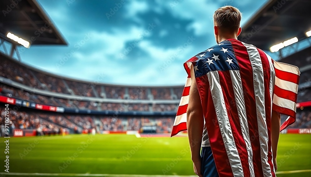 male athlete Athlete wrapped in U.S.A flag, American flag draped over ...