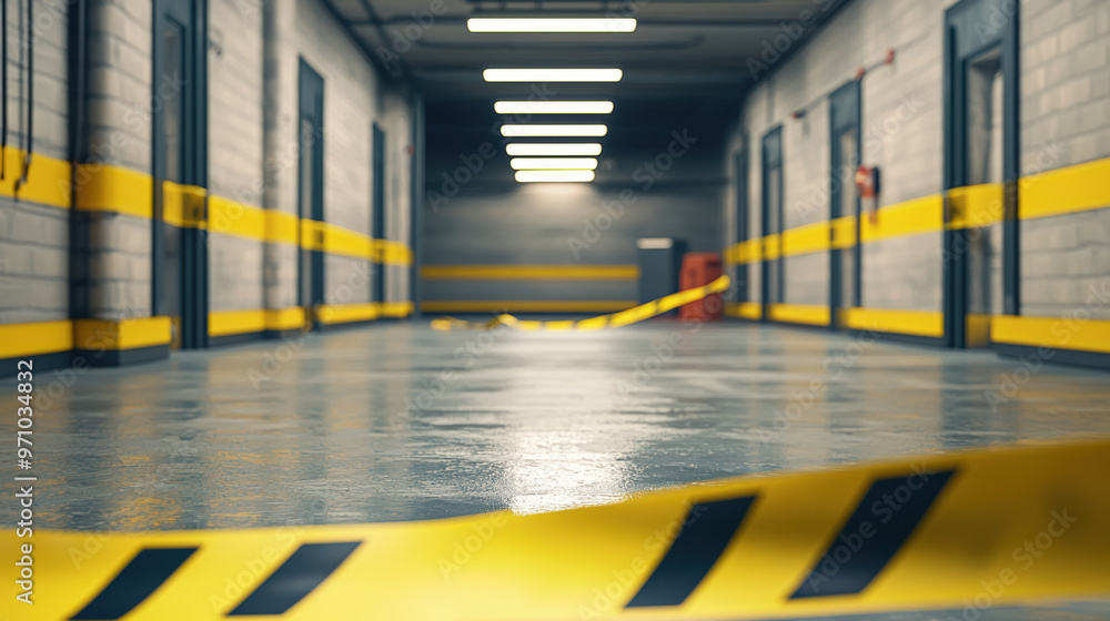 image features clean industrial hallway marked with caution tape ...