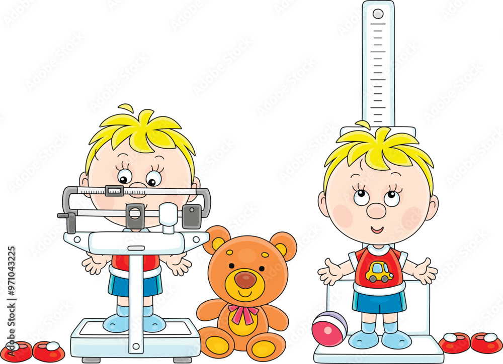 Little boy measuring height and weight during medical examination in a ...