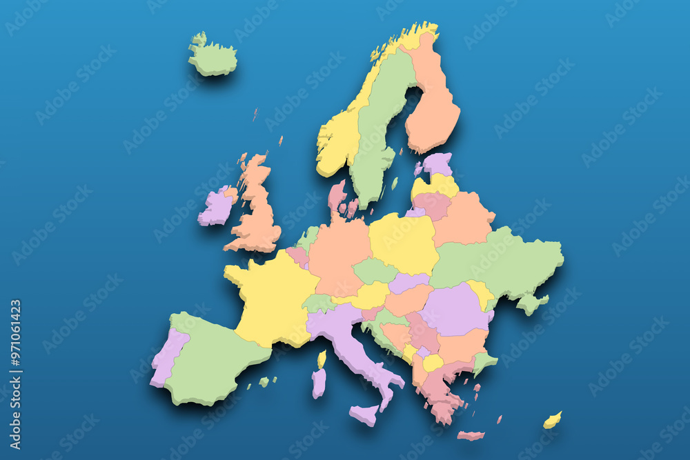 3d render map of Europe with borders and region with different colours ...