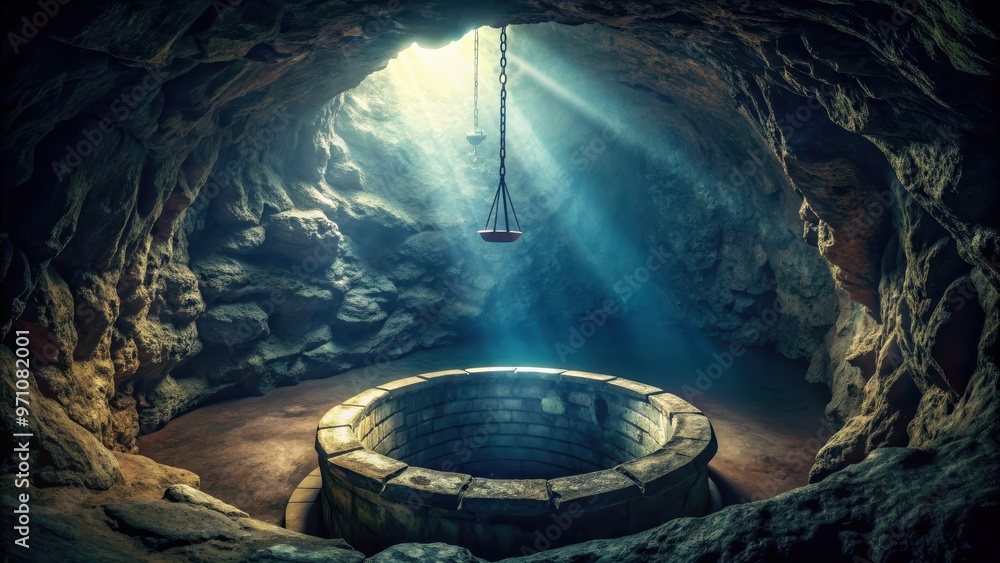 Dark, mysterious ancient well deep inside a cave, ancient, well, deep ...