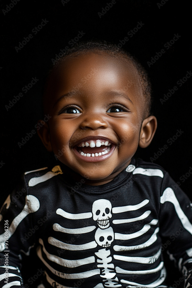African American toddler dressed as a little skeleton, smiling crazily ...