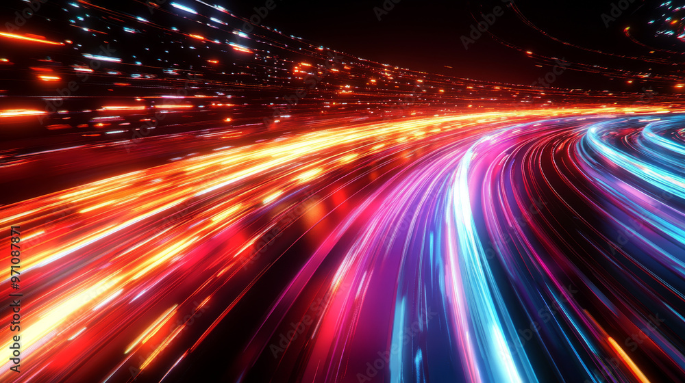 Bright streaks of light race across a black background, reflecting off ...