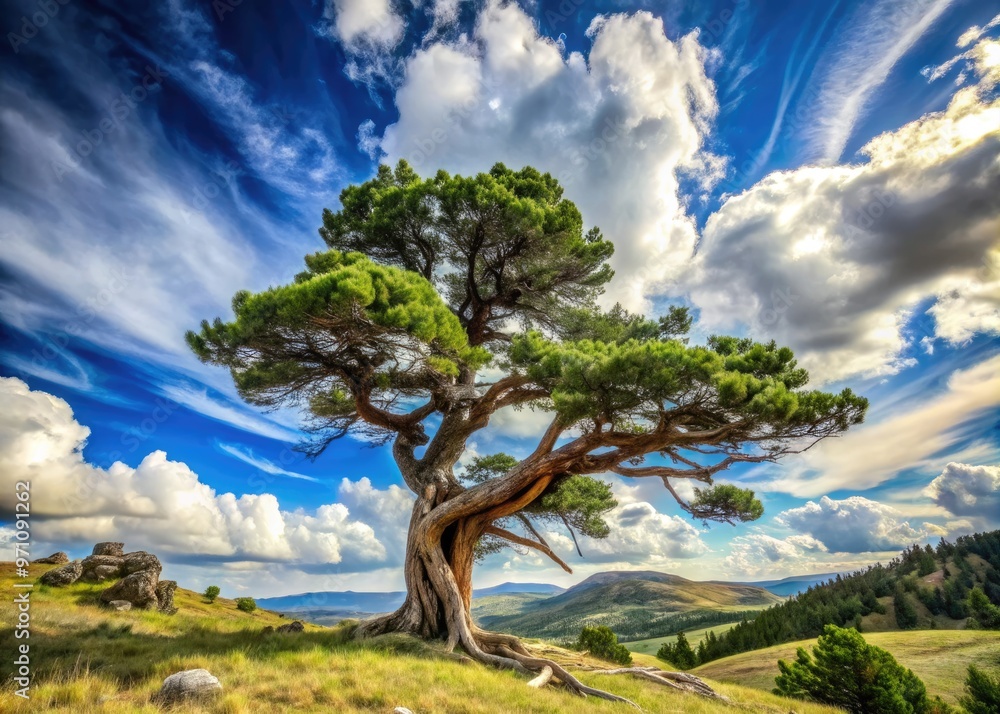 Mature mountain cedar tree stands tall amidst rolling hills, its ...