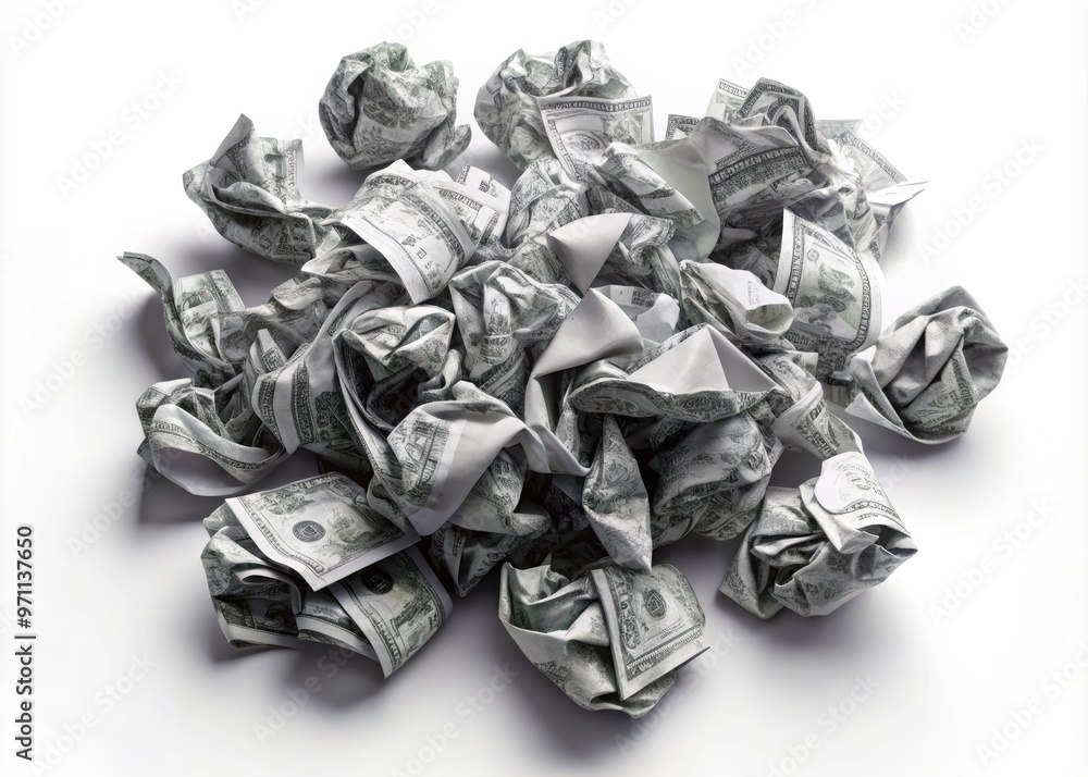 Stark black and white illustration of various denominations of crumpled ...