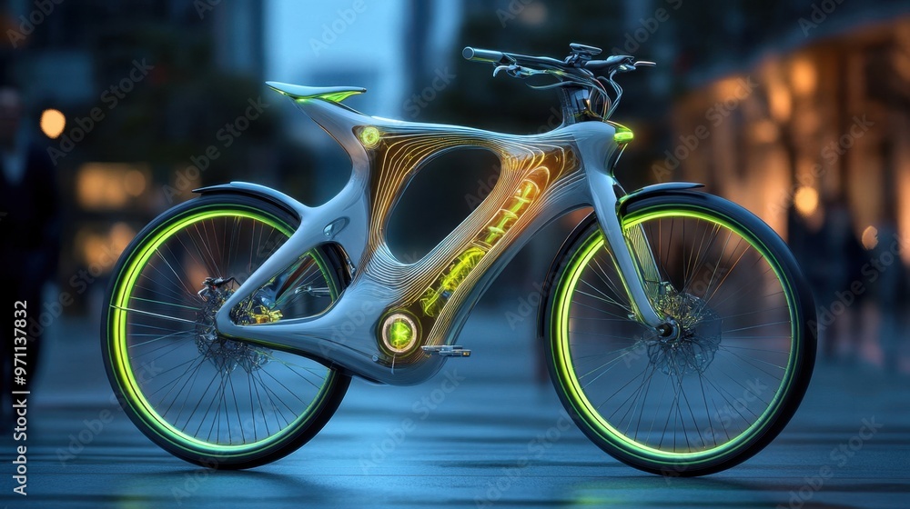 Hydrogen fuel cell bike, futuristic design, smart city streets, glowing ...