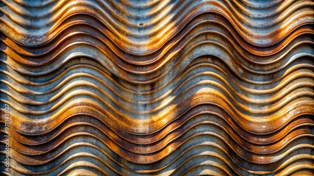 Undulating wave pattern on a corrugated metal sheet, rusty silver ...
