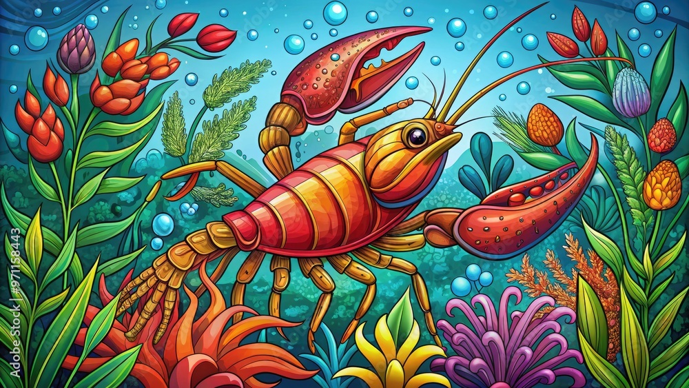 Vibrant crawfish illustration with bold lines and bright colors ...