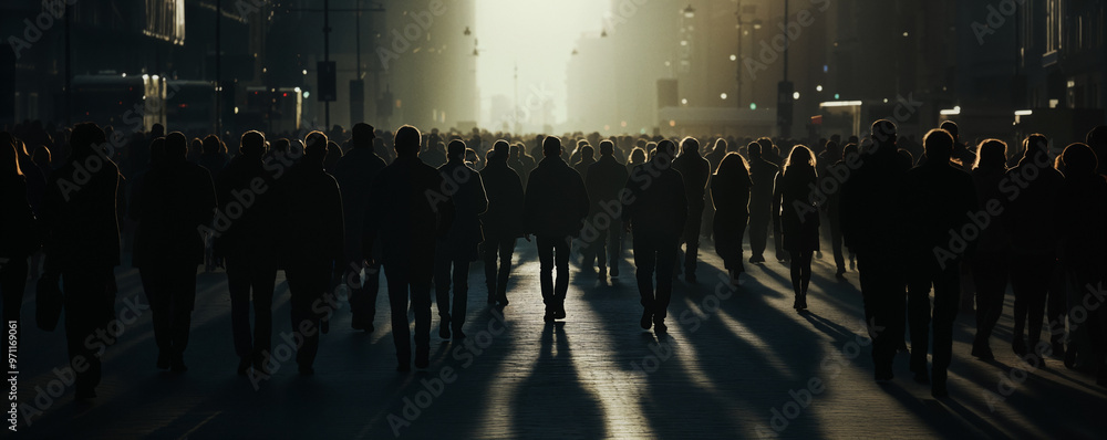 Crowds of people walking in a city street. Silhouette style. Men and ...