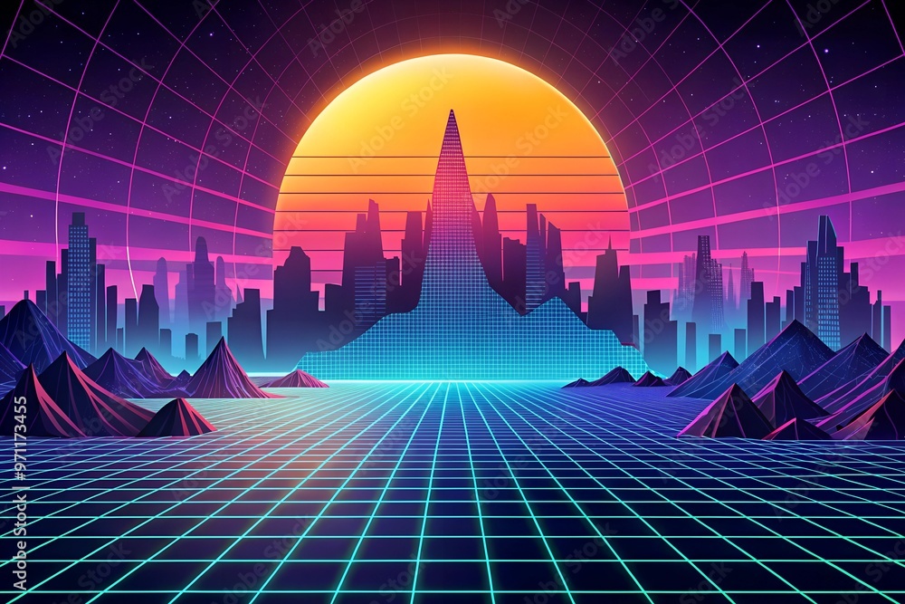 Retro futuristic sunset elements neon background illustration. Stock ...