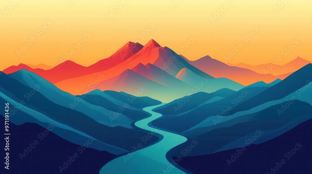 Mountain trail winding through vibrant peaks, flat design, triadic ...