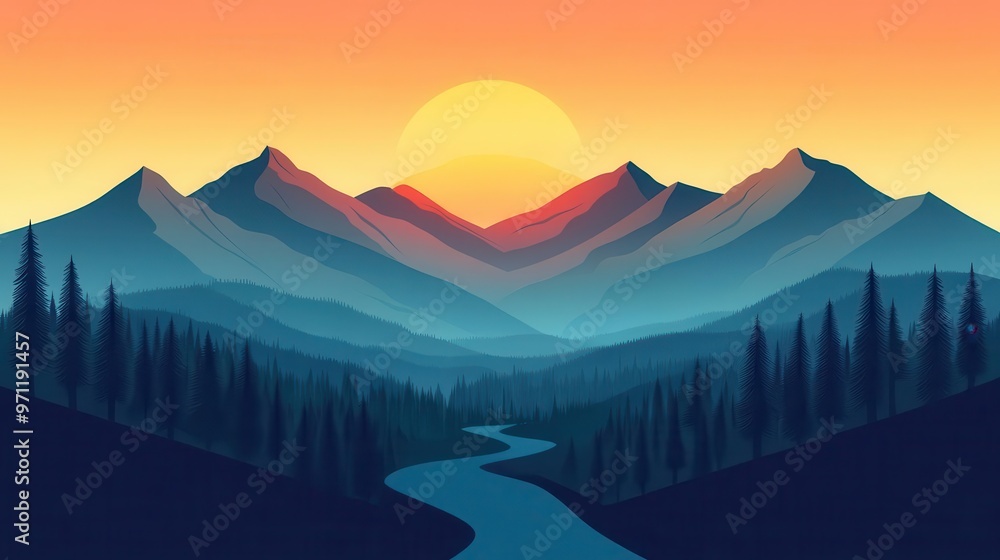 Mountain trail winding through vibrant peaks, flat design, triadic ...