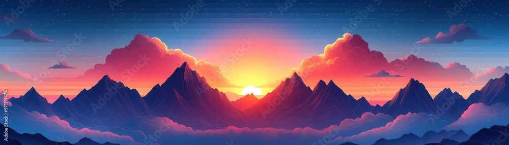 Mountain peaks under a vibrant triadic sunrise, animated style with ...