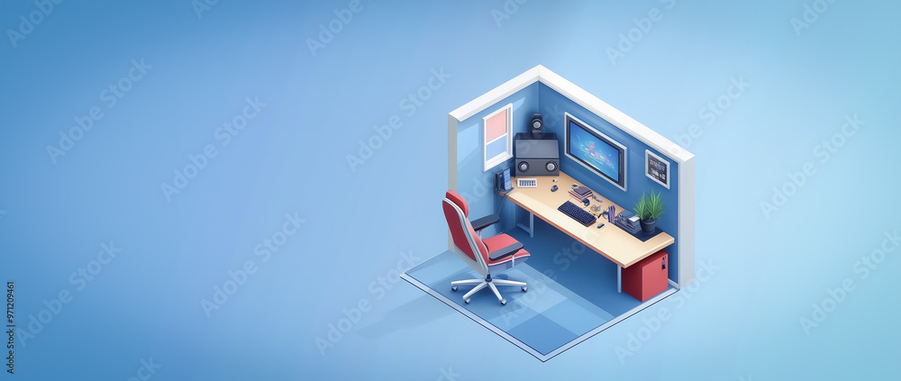 Vibrant 3D isometric gaming setup inside a teenager’s room, with dual ...