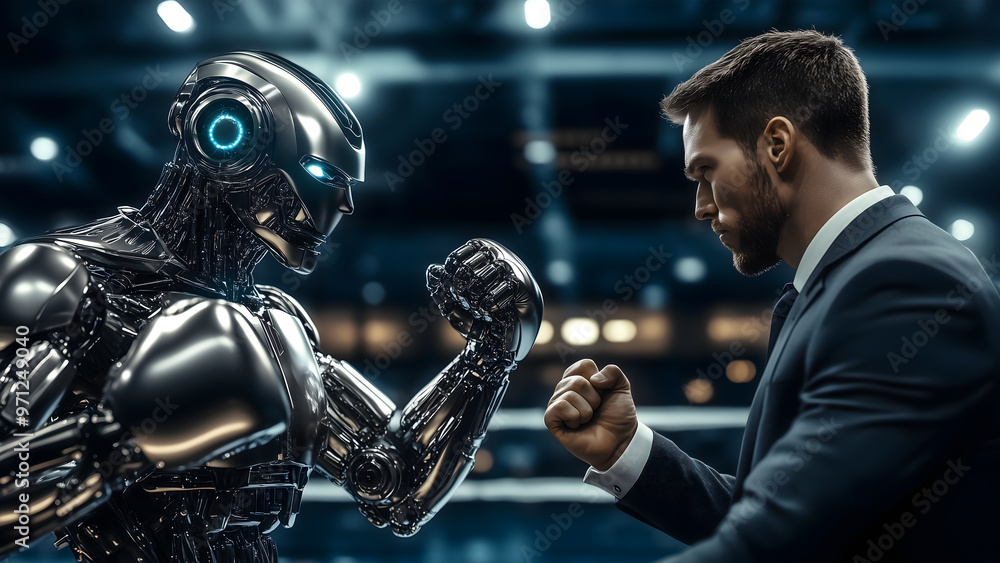 Human vs artificial intelligence in a boxing ring. Businessman Battles ...