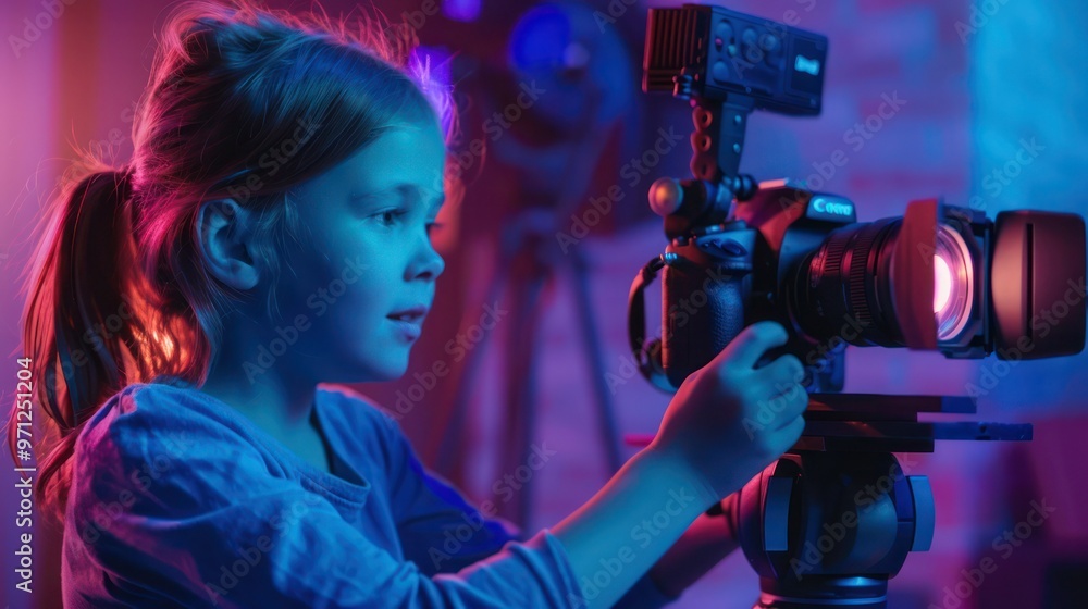 Child happily films in dark house for online audience. Concept Online ...