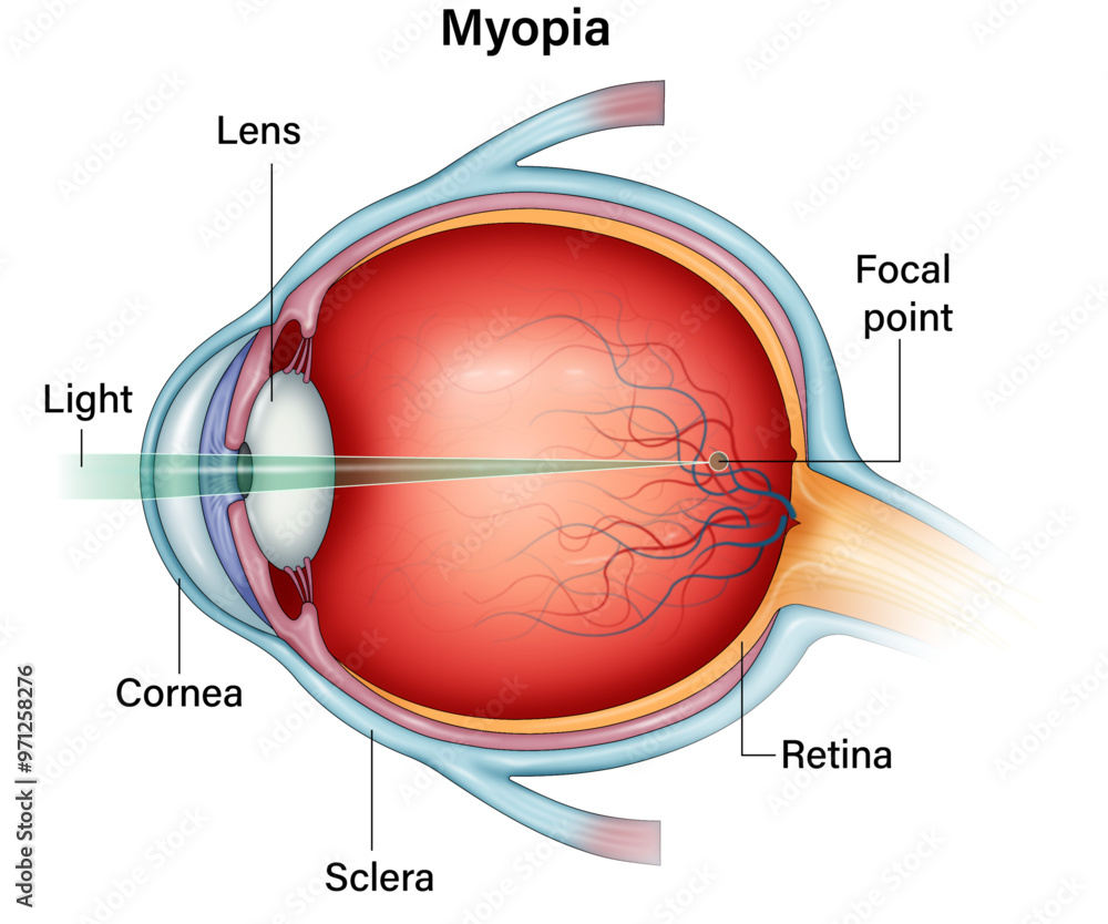 Vector Illustration of Myopia Pathology: Axial Lengthening, Retinal ...